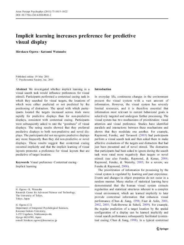 Pdf Implicit Learning Increases Preference For Predictive Visual Display