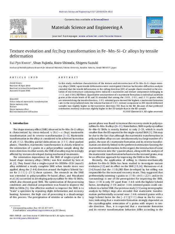(PDF) Texture evolution and fcc/hcp transformation in Fe–Mn–Si–Cr alloys by tensile deformation
