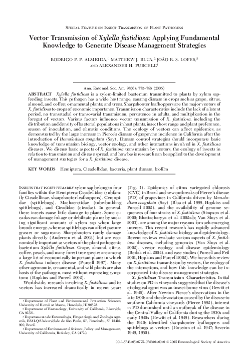 (PDF) Vector Transmission of Xylella fastidiosa : Applying Fundamental ...