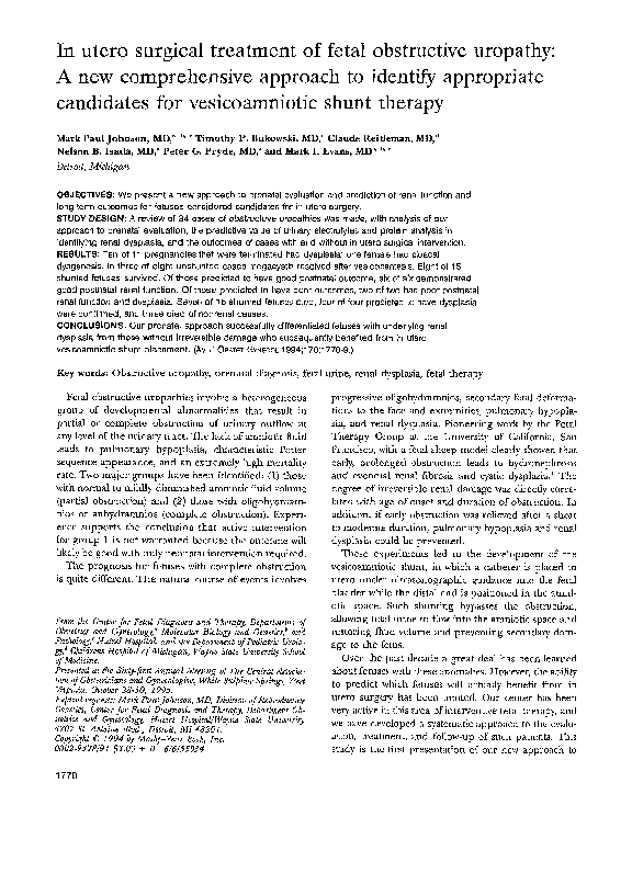 Pdf In Utero Surgical Treatment Of Fetal Obstructive Uropathy A New