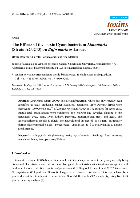 (PDF) The Effects of the Toxic Cyanobacterium Limnothrix (Strain AC0243 ...