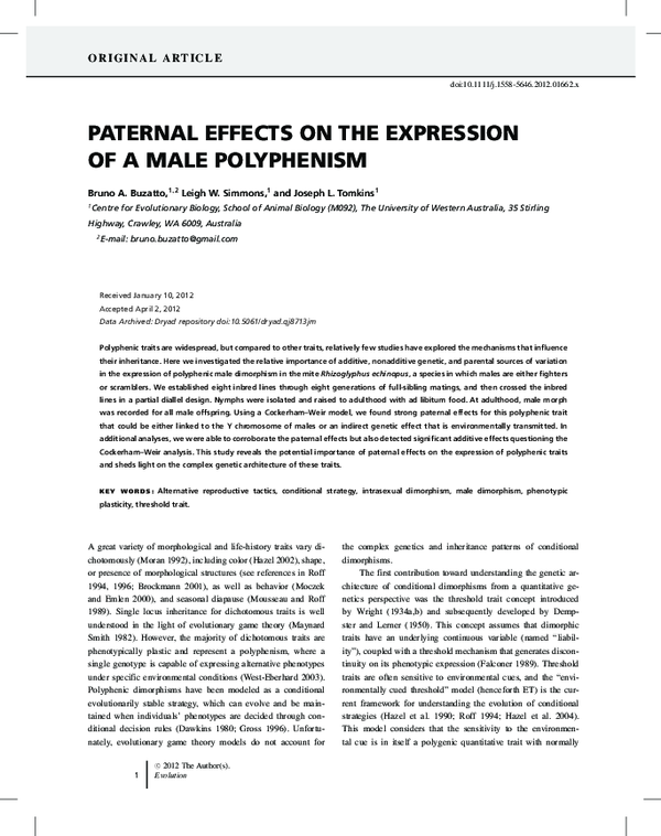 (PDF) Paternal Effects on the Expression of a Male Polyphenism | Bruno ...