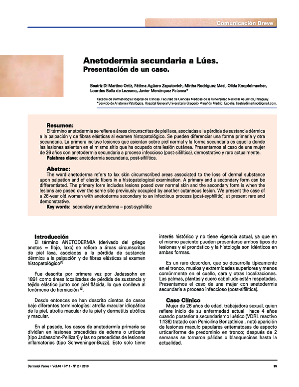 (PDF) Anetodermia secundaria a Lúes. Presentación de un caso