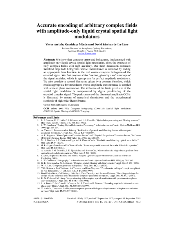 (PDF) Accurate encoding of arbitrary complex fields with amplitude-only liquid crystal spatial ...
