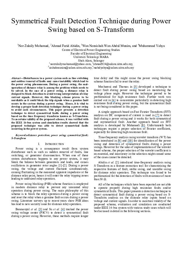(PDF) Symmetrical fault detection technique during power swing based on S-Transform