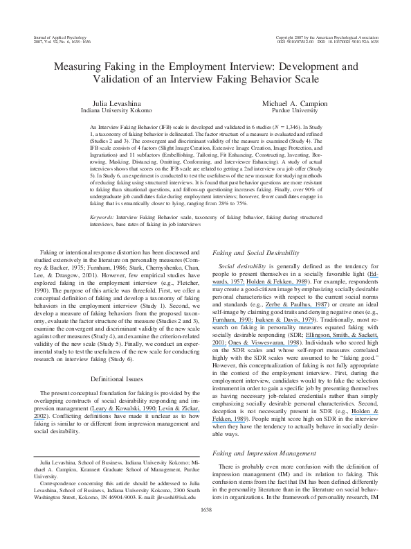 (PDF) Measuring faking in the employment interview: Development and validation of an interview ...