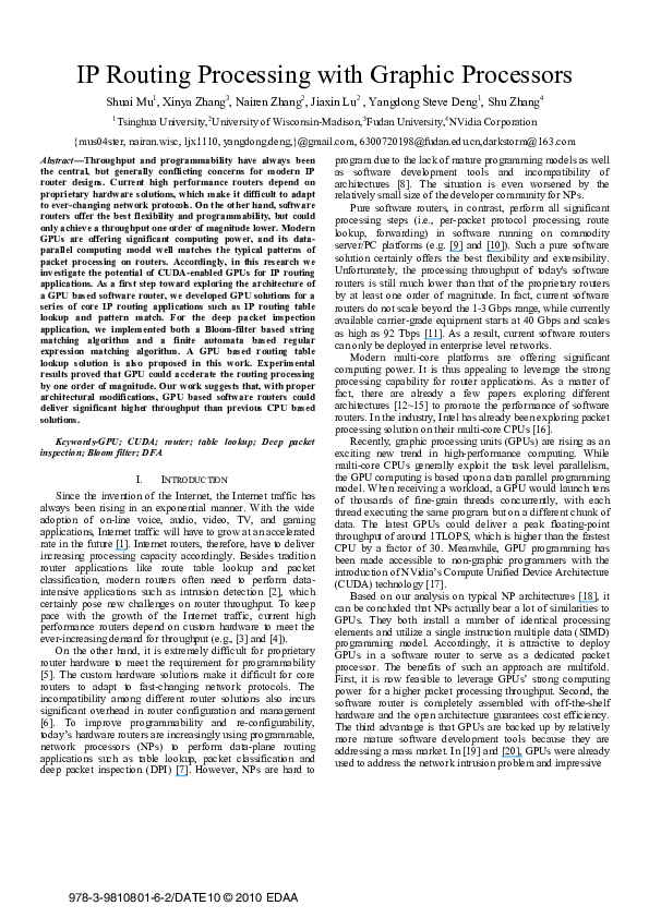 (PDF) Ip routing processing with graphic processors