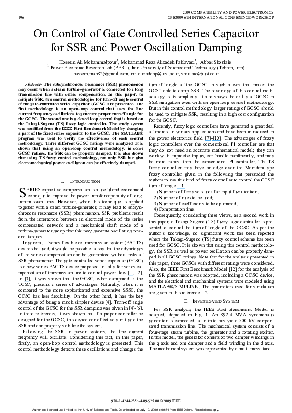 (PDF) On control of gate controlled series capacitor for SSR and power oscillation damping