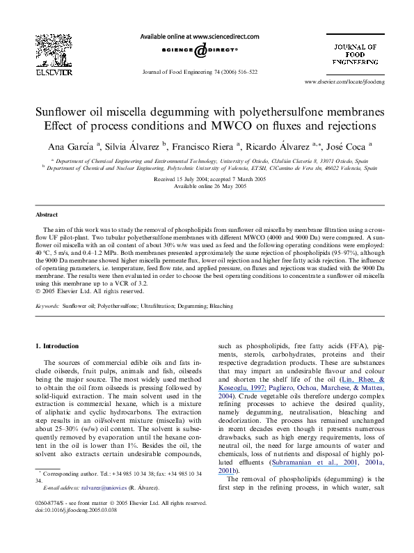 (PDF) Sunflower oil miscella degumming with polyethersulfone membranes