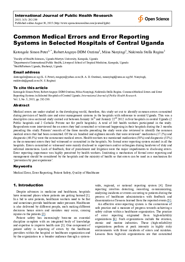 (PDF) Common Medical Errors and Error Reporting Systems in Selected ...