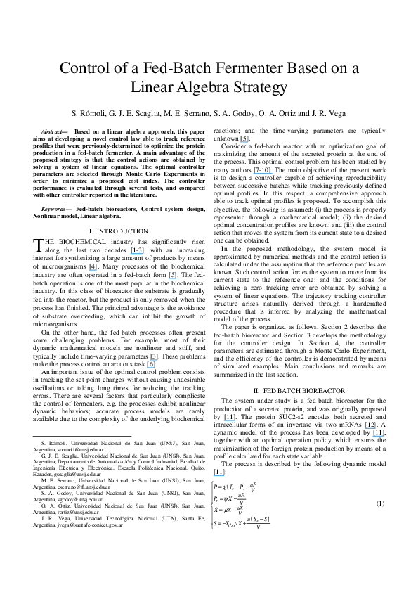 (PDF) Control of a Fed-Batch Fermenter Based on a Linear Algebra Strategy