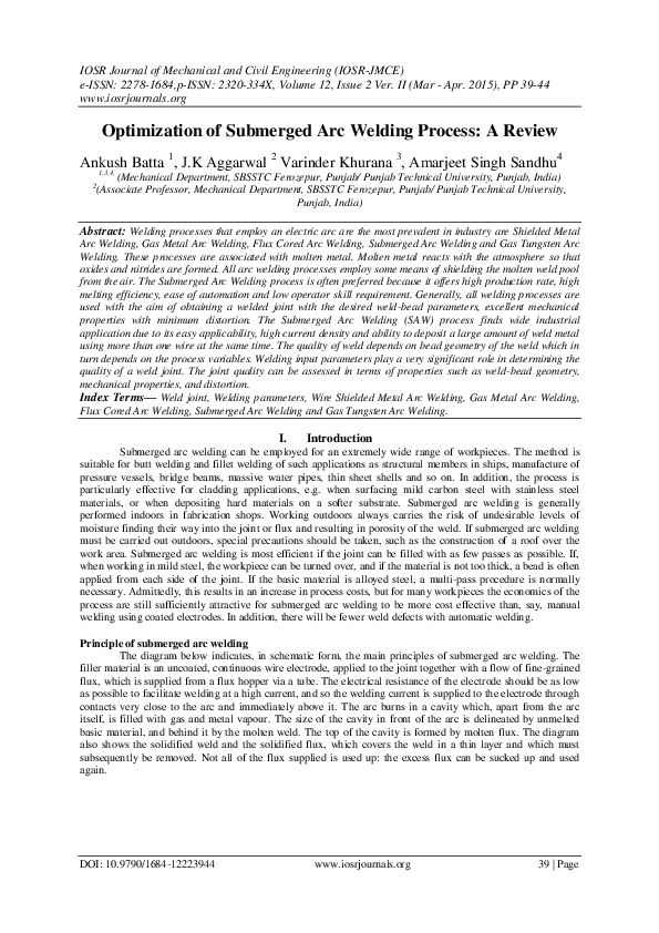 (PDF) Optimization of Submerged Arc Welding Process: A Review