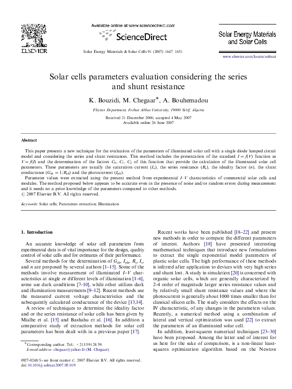 (PDF) Solar cells parameters evaluation considering the series and ...