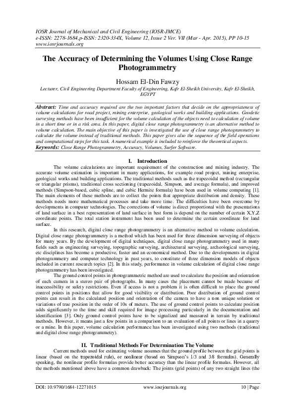 (PDF) The Accuracy of Determining the Volumes Using Close Range Photogrammetry