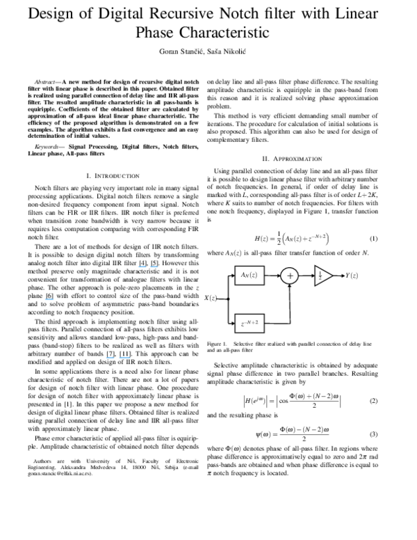 (PDF) Design of digital recursive notch filter with linear phase characteristic
