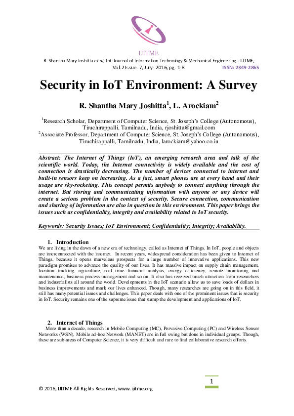 Pdf Security In Iot Environment A Survey