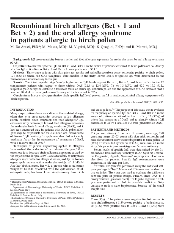 (PDF) Recombinant birch allergens (Bet v 1 and Bet v 2) and the oral ...