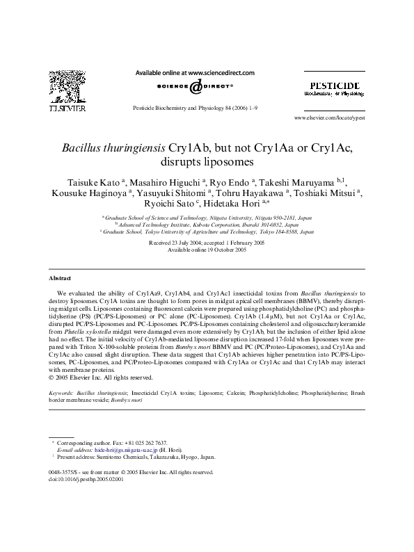 (PDF) Bacillus thuringiensis Cry1Ab, but not Cry1Aa or Cry1Ac, disrupts liposomes | Tohru ...