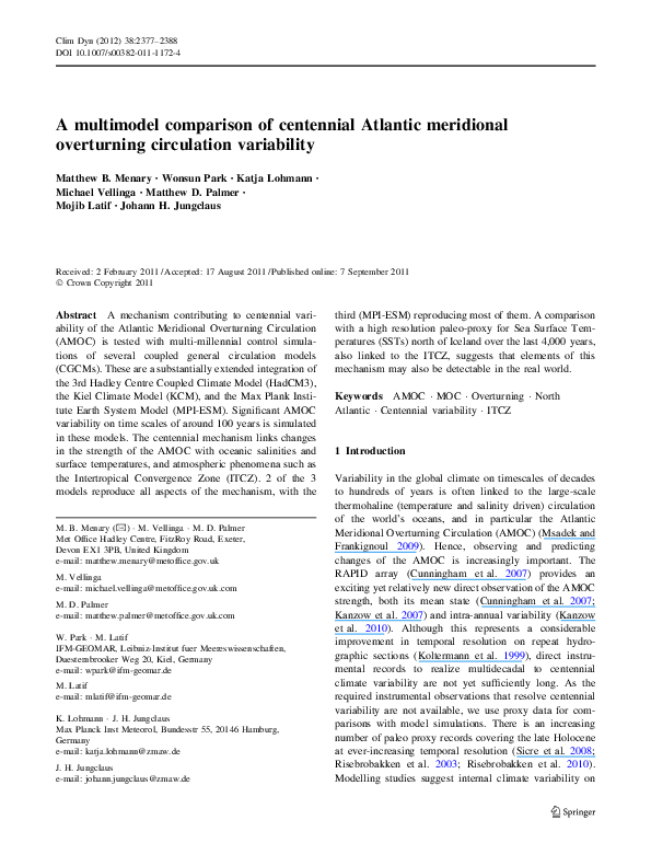 (PDF) A multimodel comparison of centennial Atlantic meridional overturning circulation variability