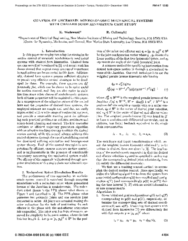 (PDF) Control of nonholonomic mechanical systems using reduction and adaptation