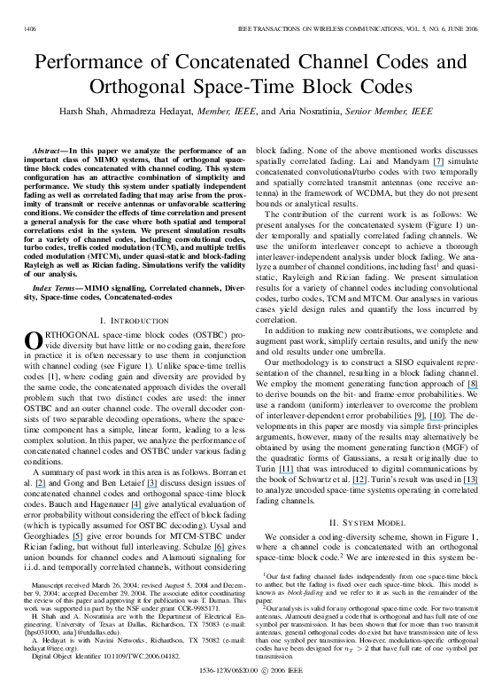 (PDF) Performance of concatenated channel codes and orthogonal space-time block codes