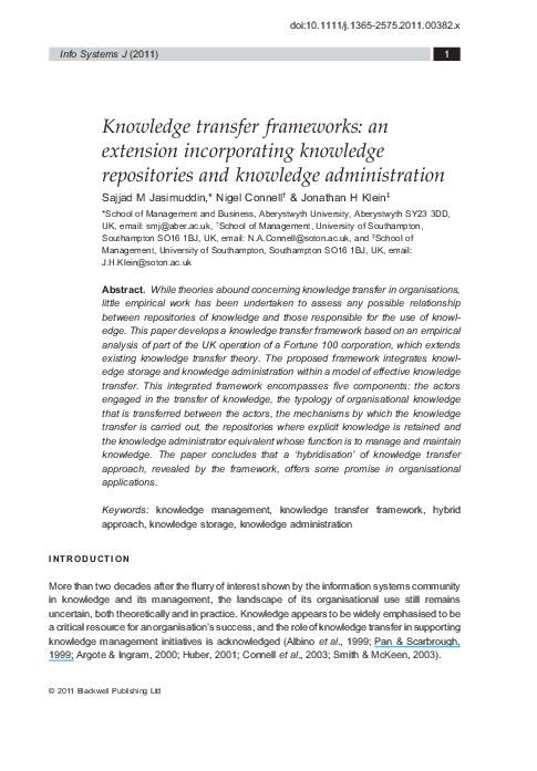 (PDF) Towards an integrated framework for the knowledge transfer process