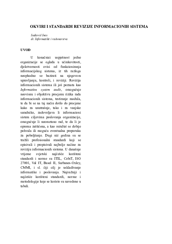 (DOC) OKVIRI I STANDARDI REVIZIJE INFORMACIONIH SISTEMA