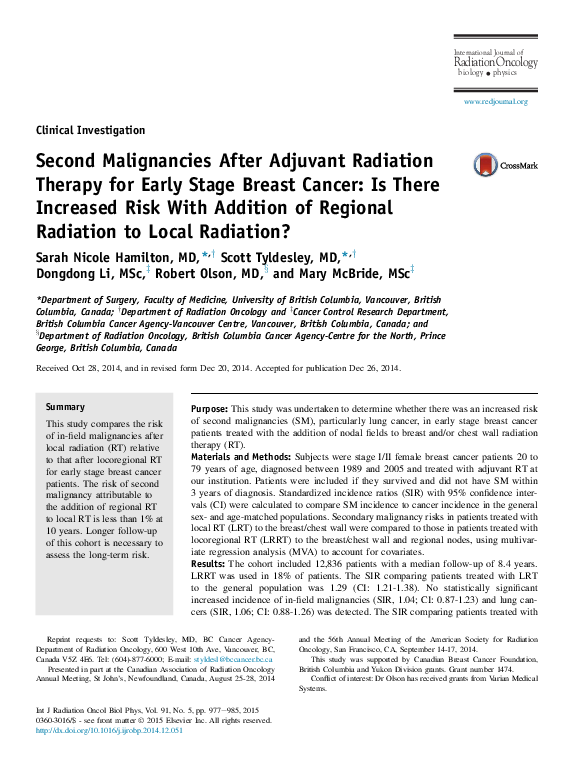 (PDF) Second Malignancies After Adjuvant Radiation Therapy for Early ...