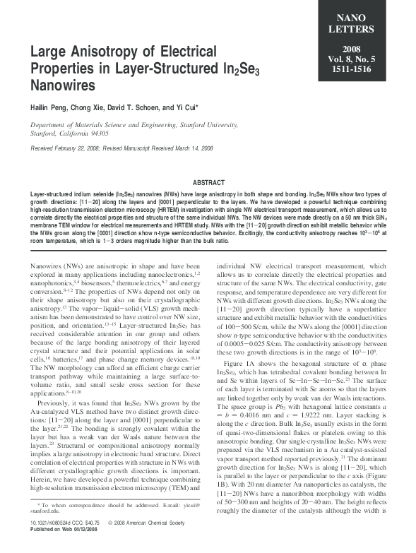 (PDF) Large Anisotropy of Electrical Properties in Layer-Structured In 2 Se 3 Nanowires