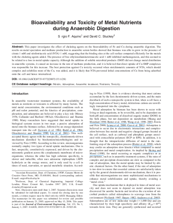 (PDF) Bioavailability and Toxicity of Metal Nutrients during Anaerobic ...