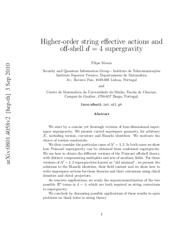 (PDF) Higher-Order String Effective Actions and Off-Shell d = 4 Supergravity
