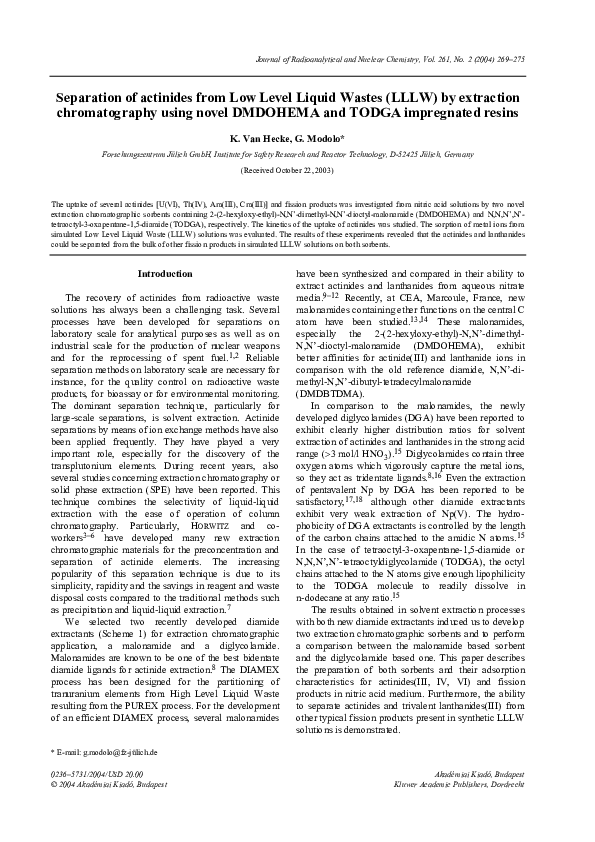 (PDF) Separation of actinides from Low Level Liquid Wastes (LLLW) by ...