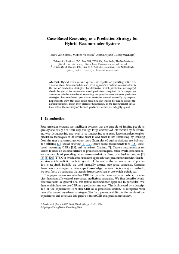 (PDF) Case-Based Reasoning as a Prediction Strategy for Hybrid Recommender Systems