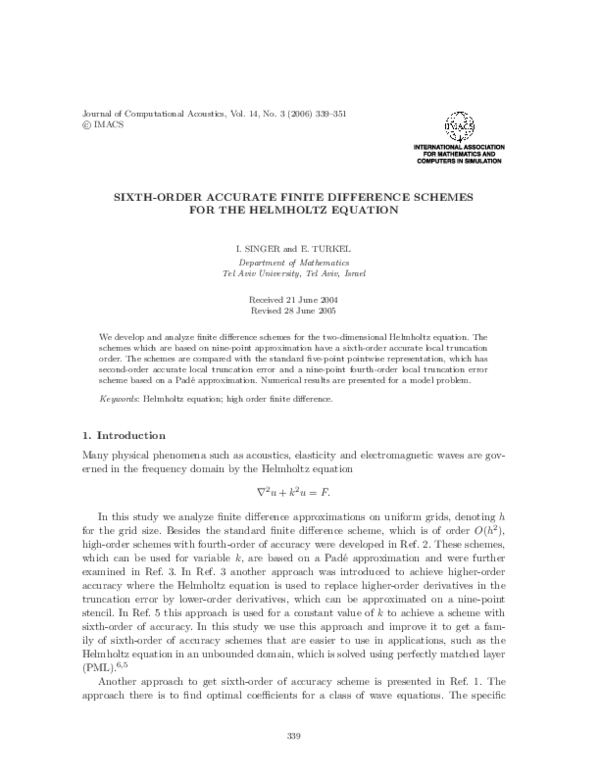Pdf Sixth Order Accurate Finite Difference Schemes For The Helmholtz Equation Eli Turkel