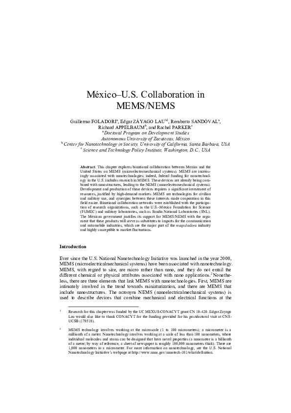 (PDF) Mexico US collaboration in Mems Nems | Guillermo Foladori and ...