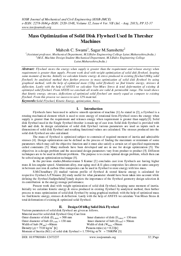 (PDF) Mass Optimization of Solid Disk Flywheel Used In Thresher Machines