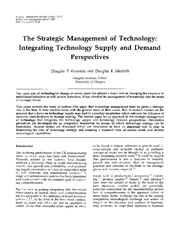 (PDF) The strategic management of technology: Integrating technology ...