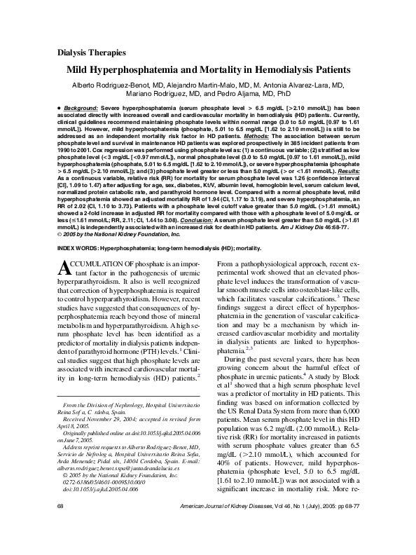 (PDF) Mild Hyperphosphatemia and Mortality in Hemodialysis Patients