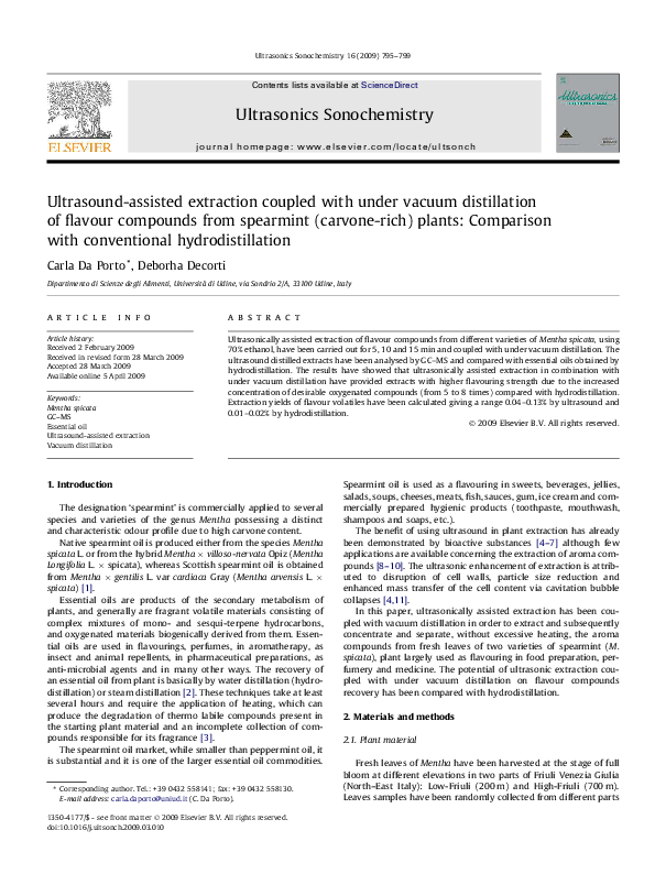 (PDF) Ultrasound-assisted extraction coupled with under vacuum distillation of flavour compounds ...