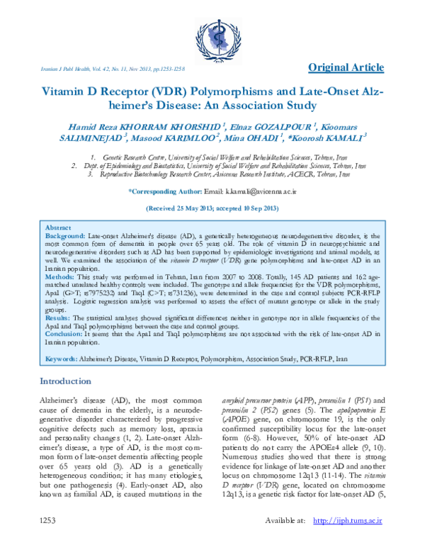 Vitamin D Receptor (VDR) Polymorphisms and Late-Onset Alzheimer's ...