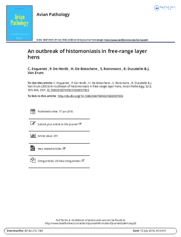 (PDF) An outbreak of histomoniasis in free-range layer hens