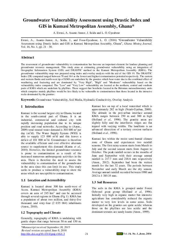 Pdf Groundwater Vulnerability Assessment Using Drastic Index And Gis In Kumasi Metropolitan