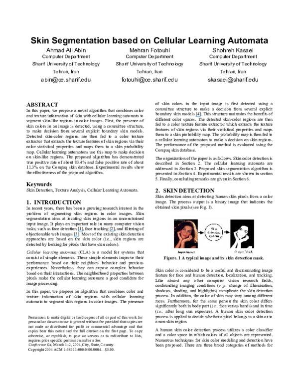 Pdf Skin Segmentation Based On Cellular Learning Automata 