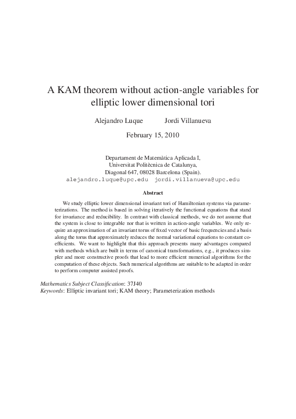 Pdf A Kam Theorem Without Action Angle Variables For Elliptic Lower