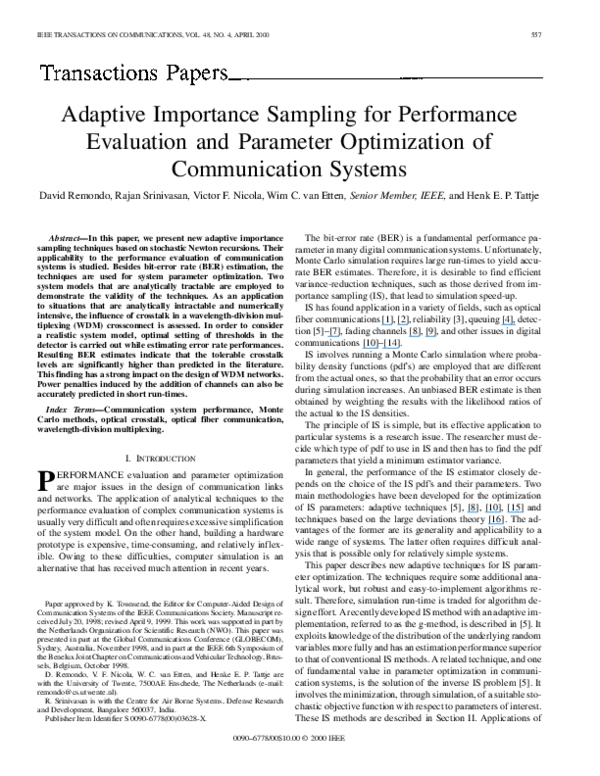 Pdf Adaptive Importance Sampling For Performance Evaluation And Parameter Optimization Of
