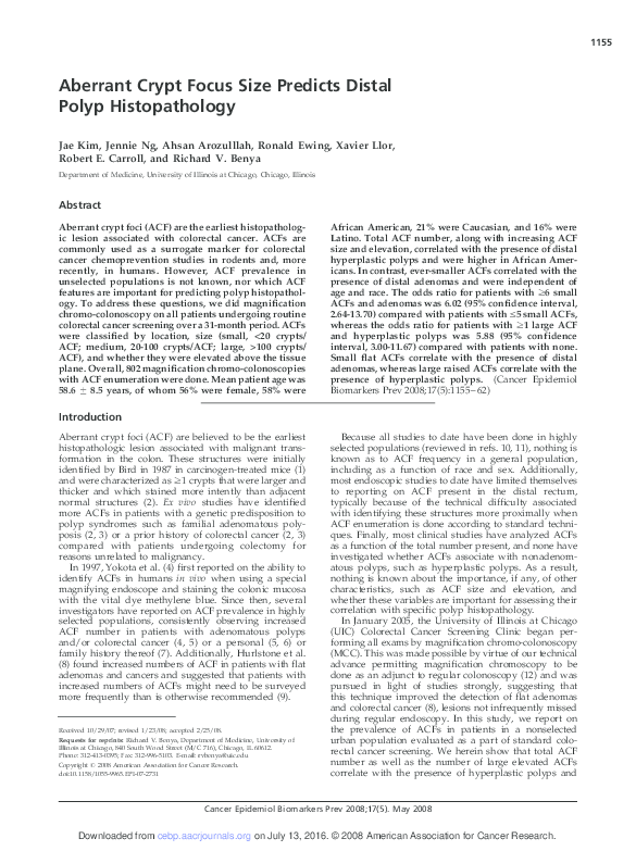 (PDF) Aberrant Crypt Focus Size Predicts Distal Polyp Histopathology