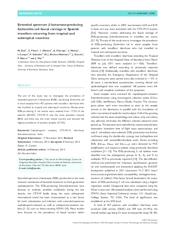 (PDF) Extended spectrum b-lactamase-producing Escherichia coli faecal ...