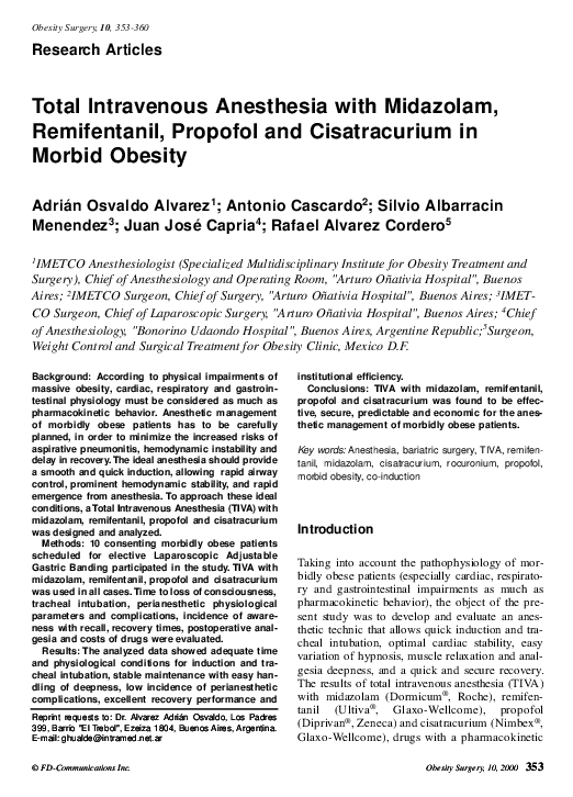(PDF) Total Intravenous Anesthesia with Midazolam, Remifentanil, Propofol and Cisatracurium in ...