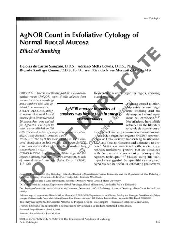 (PDF) AgNOR Count in Exfoliative Cytology of Normal Buccal Mucosa
