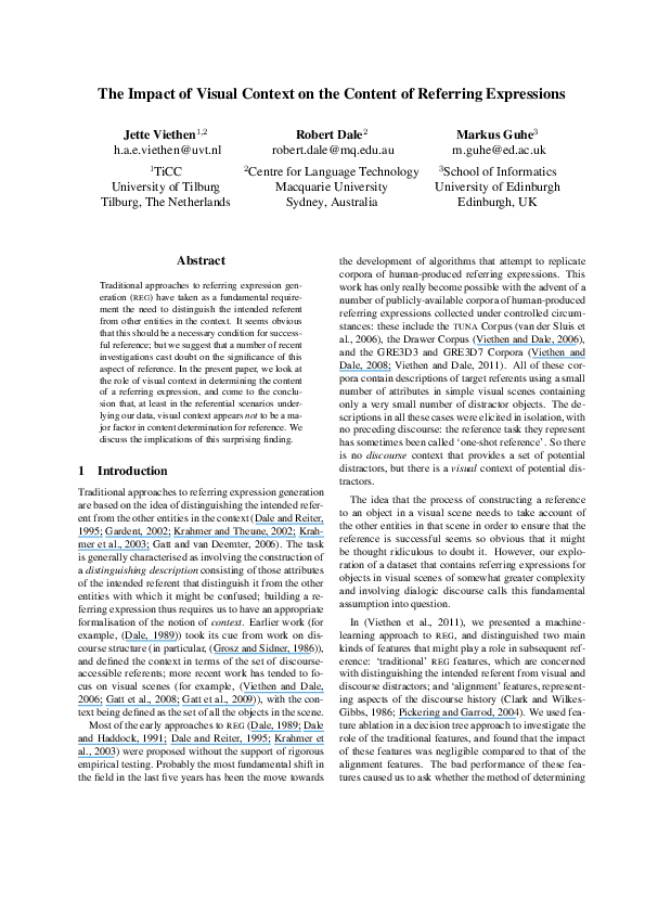 (PDF) The Impact of visual context on the content of referring expressions